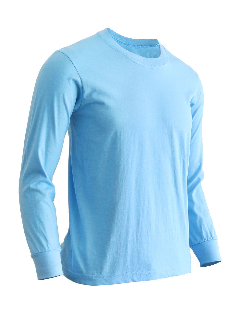 Basic Round Neck Style Cotton T Shirt Crew Neck Long Sleeves Shirt Sky Blue